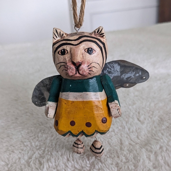 Source Unknown | Holiday | Folk Art Angel Cat Ornament Hand Carved Wood ...